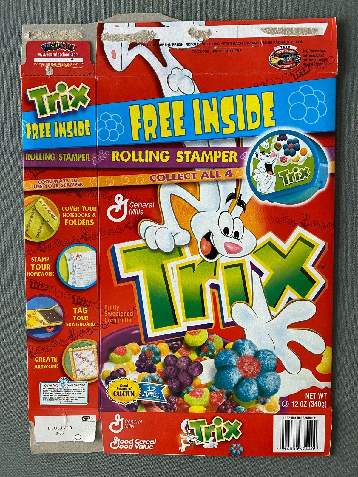 General Mills Trix cereal box featuring Rolling stamper free inside ...