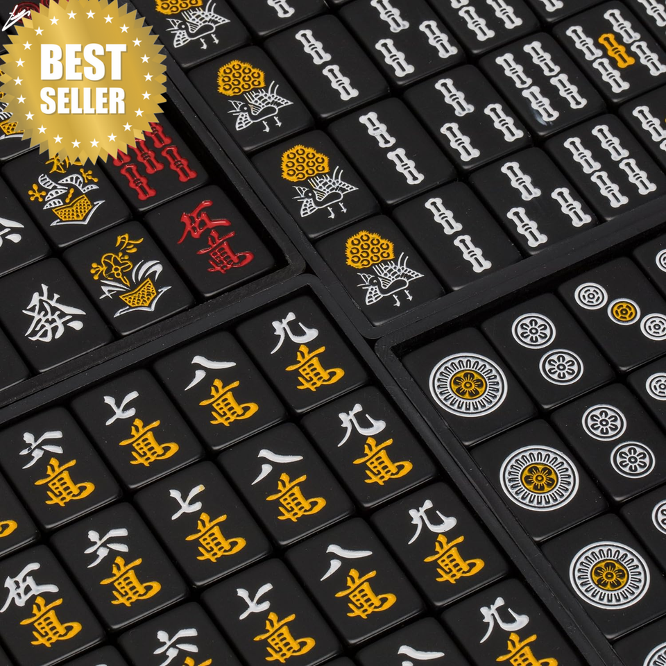 Japanese Riichi Mahjong Set Black Tiles with Vinyl Case Scoring Sticks ...