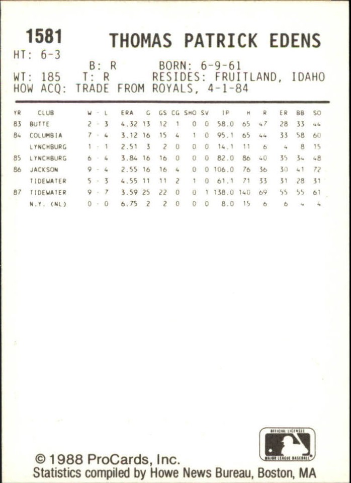 1988 Tidewater Tides ProCards #1581 Tom Edens Fruitland Idaho ID ...