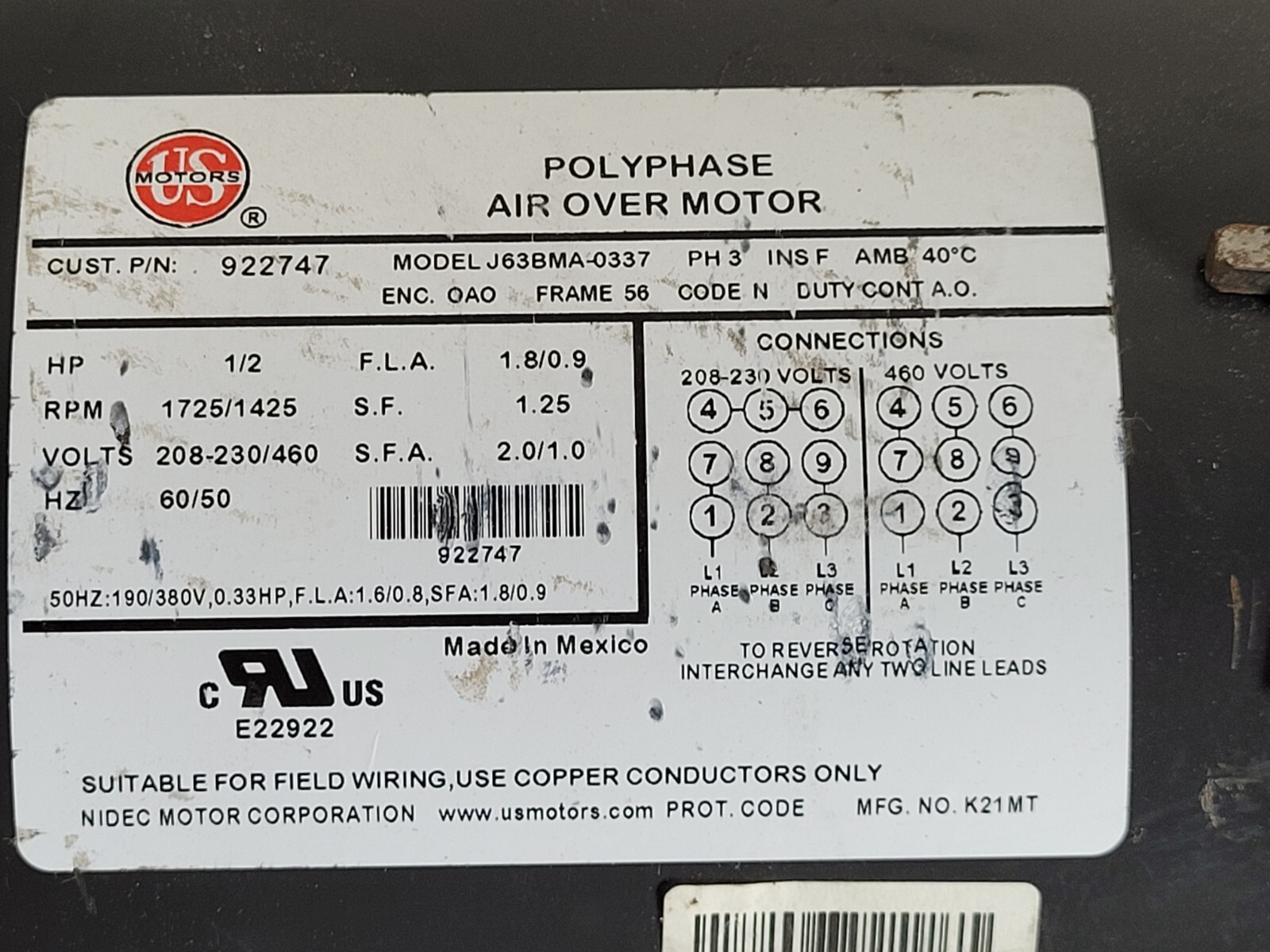 US Motor Polyphase Air Over 922747 HP 1/2 208-230/460V 1725 RPM E22922 ...