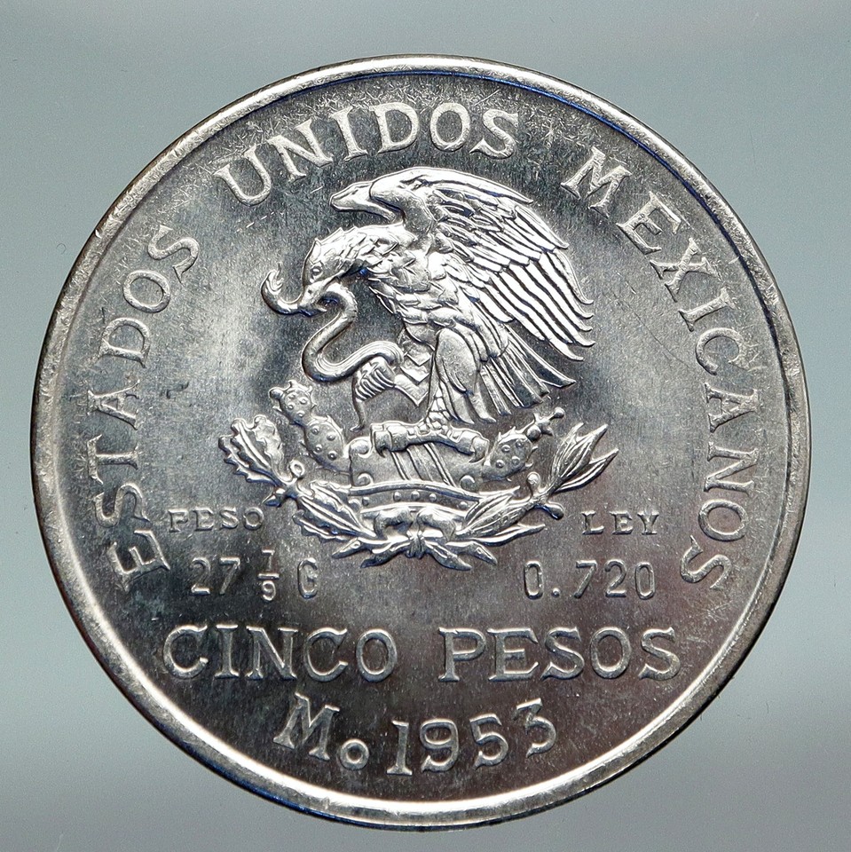 1953 MEXICO Mexican Independence War Hero HIDALGO Big Silver 5 Pesos ...
