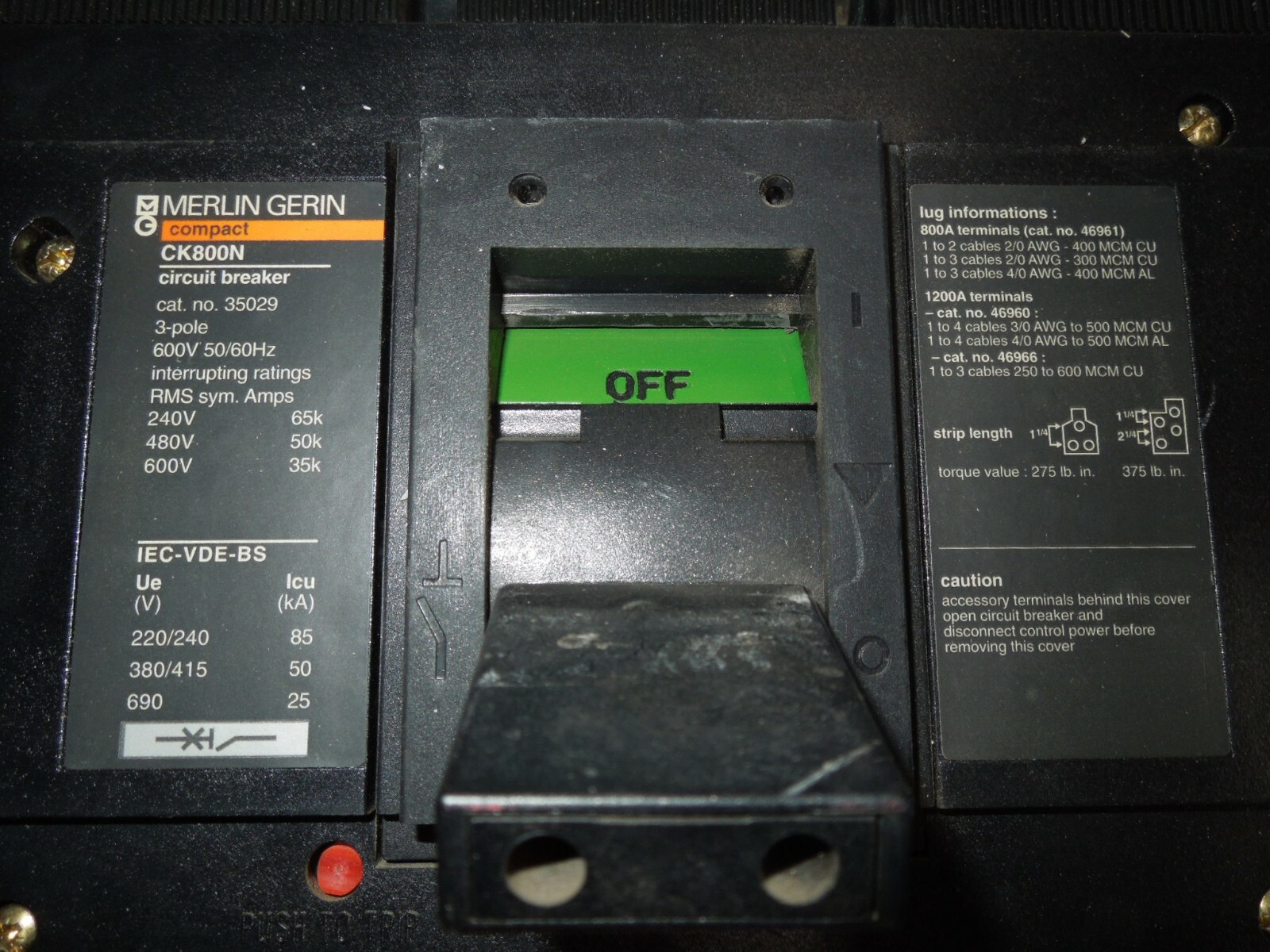 Merlin Gerin Compact CK800N 800A Frame 800A Rated 3P 600V ST55UP Trip w ...