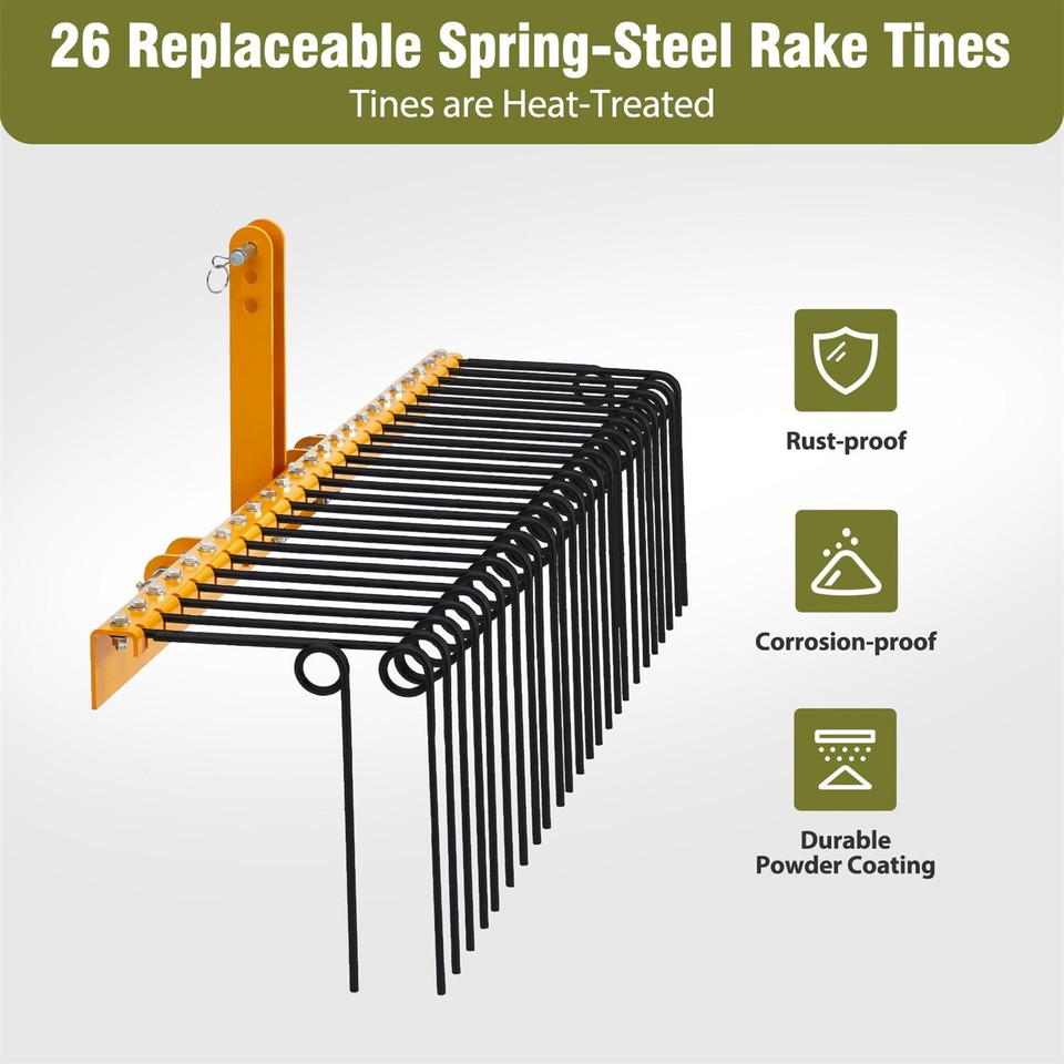 60 Inch Pine Straw Rake 26 Coil Spring Tines Durable Powder Coated 3 ...