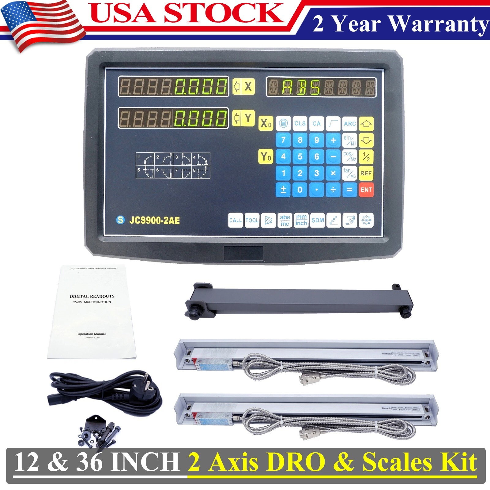 12" 36" Linear Scale Digital Readout 2Axis DRO Display Bridgeport 9X42 ...