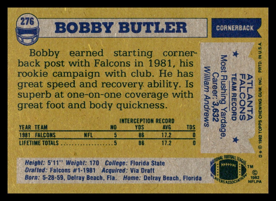 1982 Topps #276 Bobby Butler Atlanta Falcons RC Football Card EX/NM | eBay