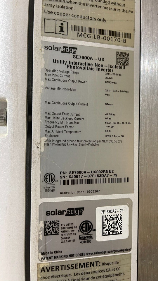 Solar Edge Sunrun Non Isolated Photovoltaic Inverter SE7600A-US 8350W ...