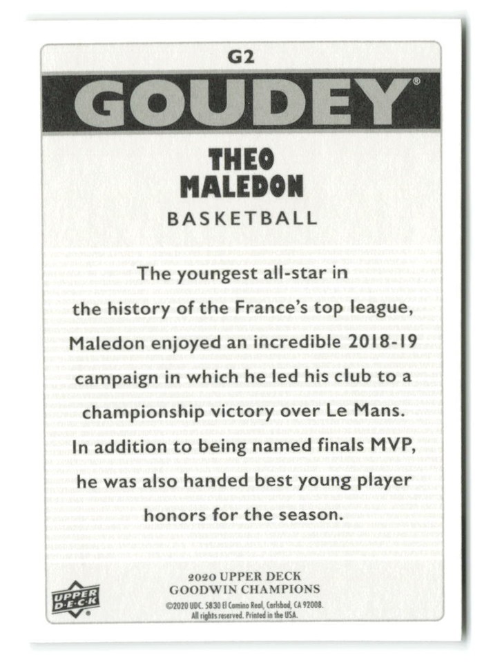 2020 Upper Deck Goodwin Champions Theo Maledon #G2 Goudey MULTISPORT ...