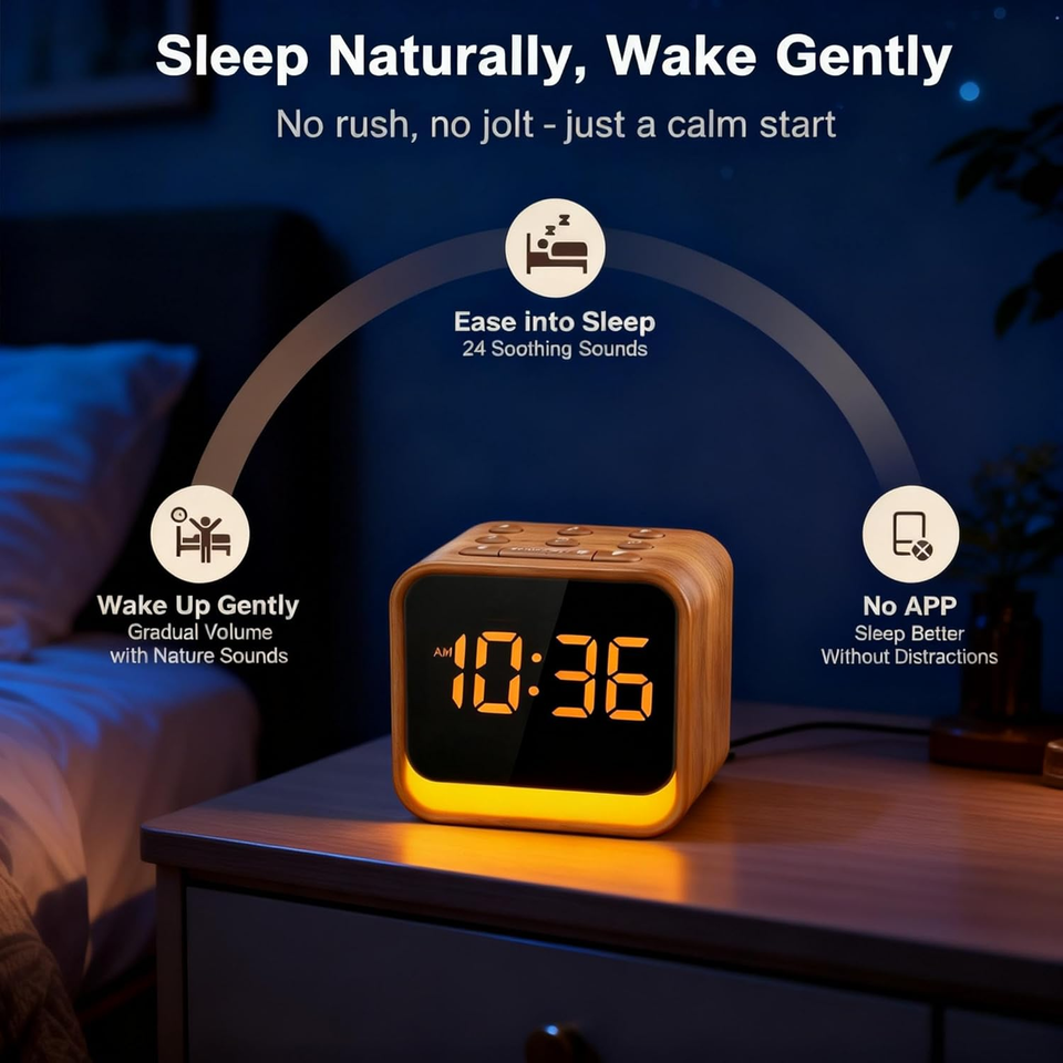 Sound Machine Alarm Clock: Wooden Design Natural White Noise - Gentle ...