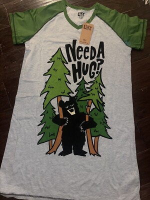 LAZY ONE Bear Need A Hug V-NECK Women Gray PJ Sleep Nightshirt Size S/M ...