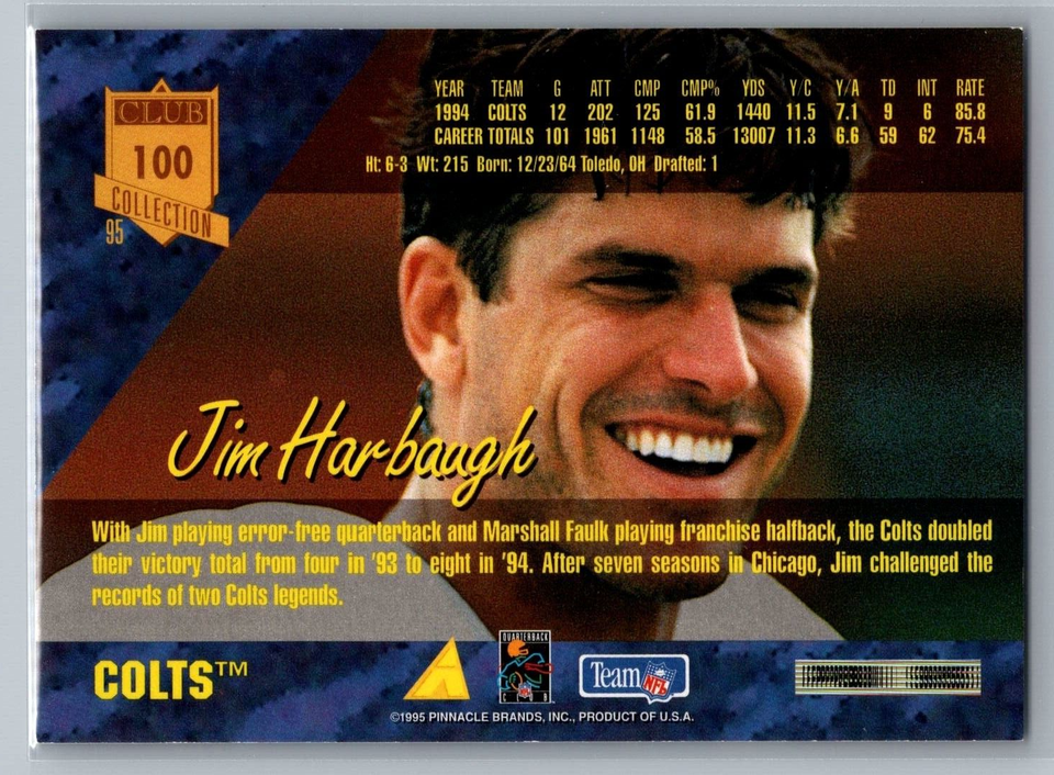 1995 PINNACLE CARD # 100 Jim Harbaugh - Indianapolis Colts | eBay