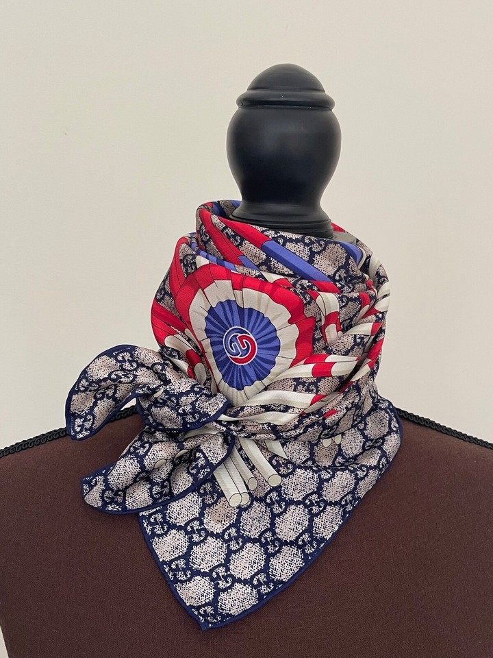 New Gucci Scarf GG Logo WEB Club Blue Silk Wrap Bandana Headband with ...
