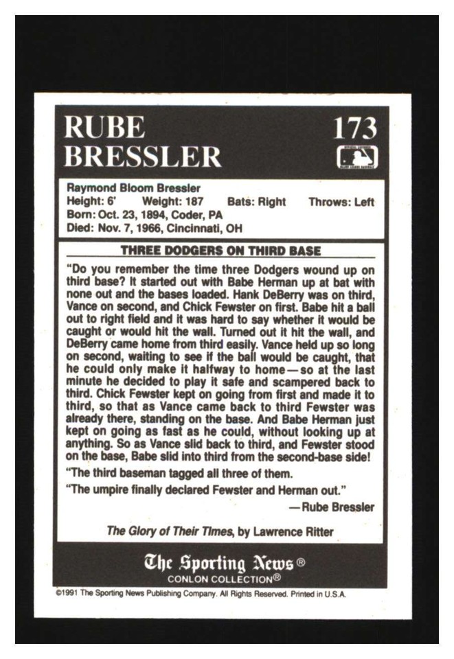 1991 Conlon Collection #173 Rube Bressler Cincinnati Reds NM-MT | eBay