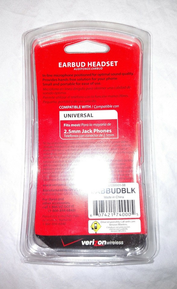 Jabra Verizon Wireless Earbud Headset Black Universal 2.5mm Jack New ...