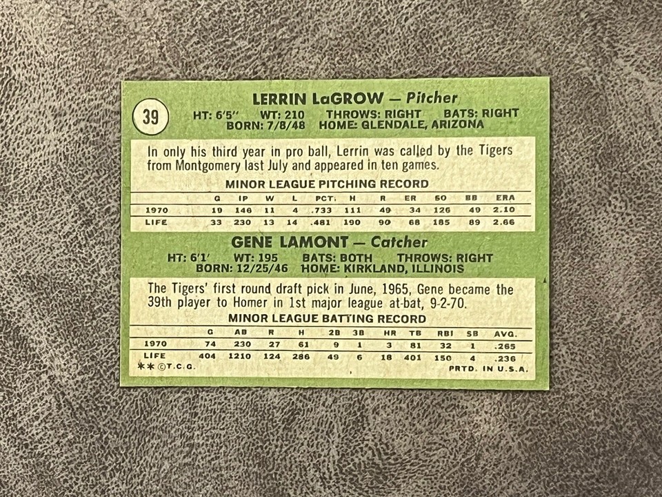 1971 Topps Detroit Tigers Rookie Stars Gene Lamont Lerrin Lagrow #39 NM ...