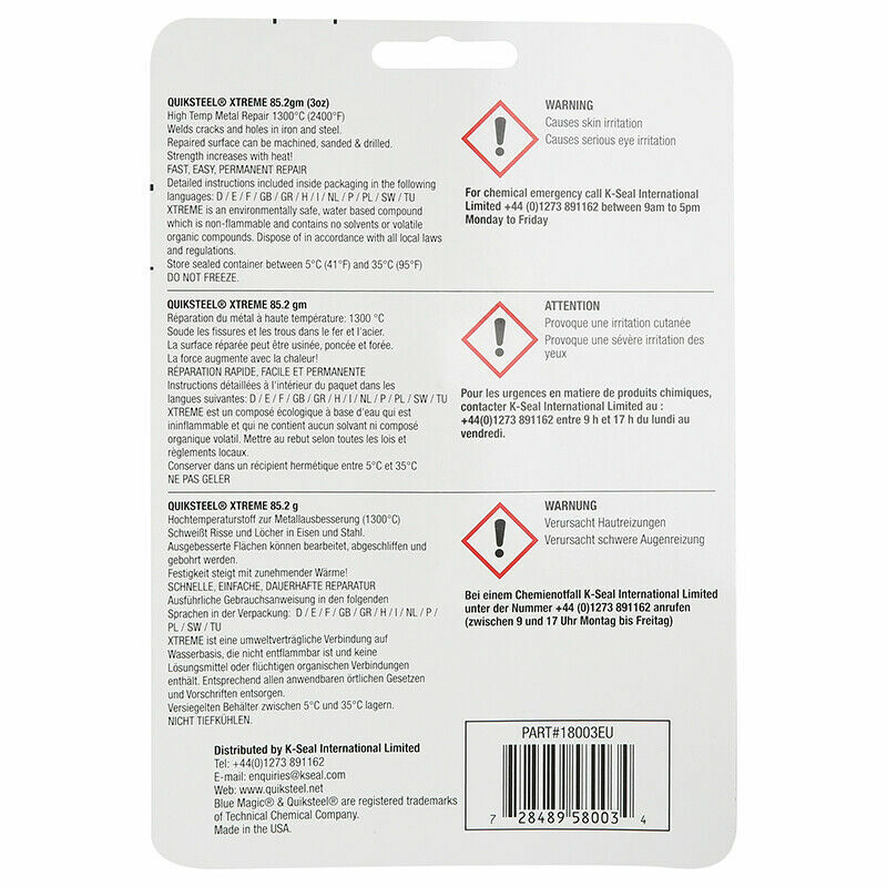QUIKSTEEL 18003 XTREME HIGH TEMPERATURE EPOXY PUTTY WELD FILLER FAST ...