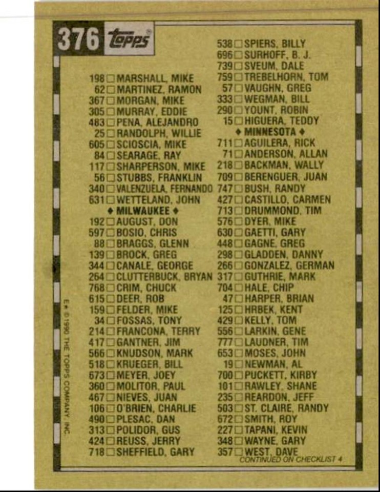 1990 Topps Baseball Cards Checklist #376 | eBay