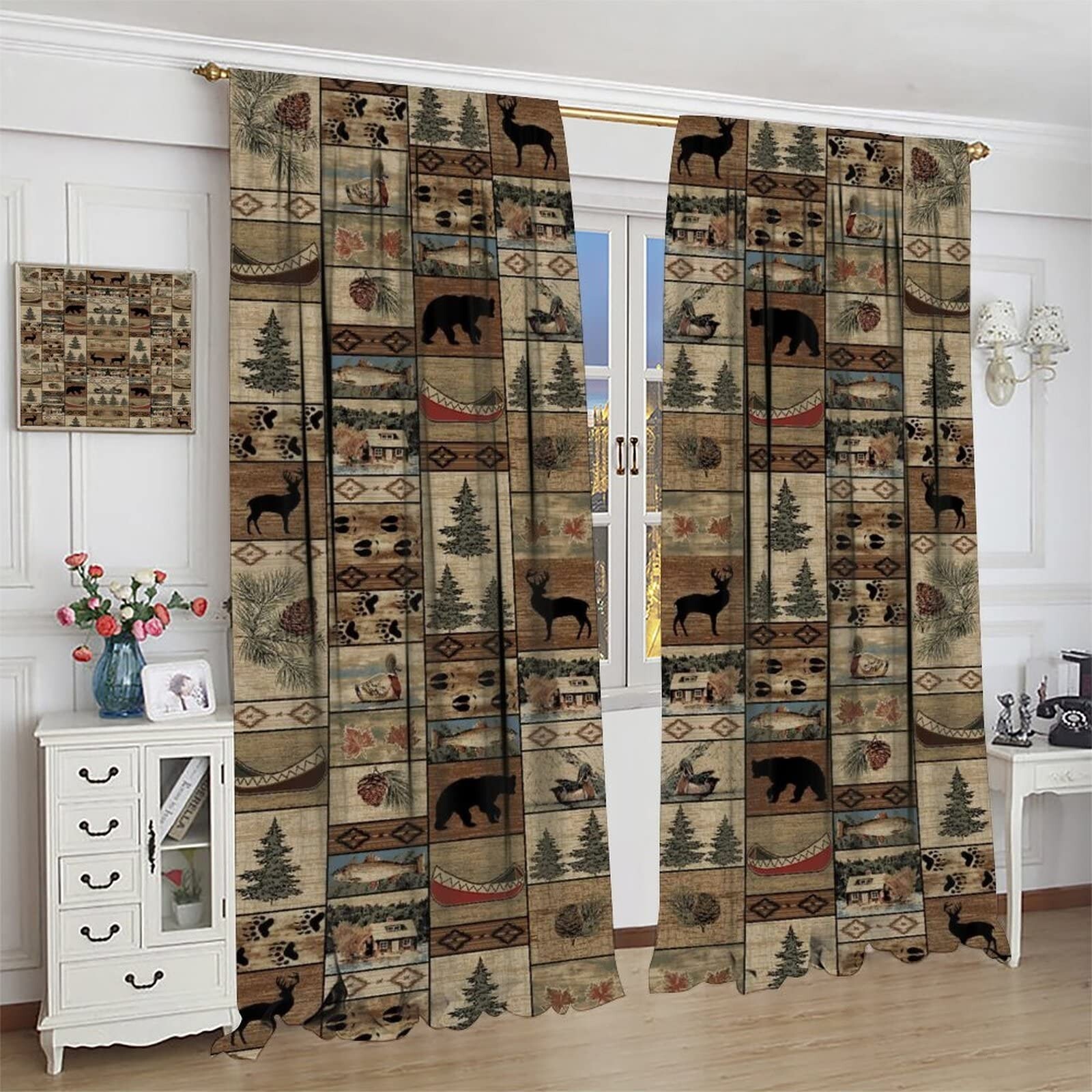 Retro Rustic Style Curtain, Moose Deer Bear Leaf Tree Country Style ...