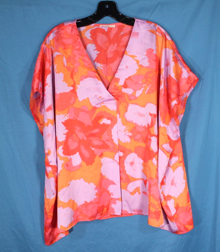 ENTRO Orange/Coral TROPICAL FLORAL Satin V-NECK Flowy BLOUSE/TOP Sz M ...