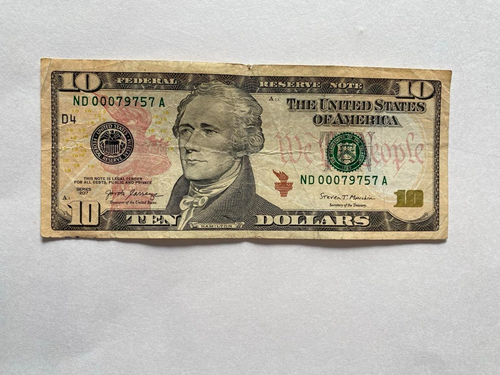 USA Real Money $10 paper money TEN DOLLARS Serial number ND 00079757 A ...