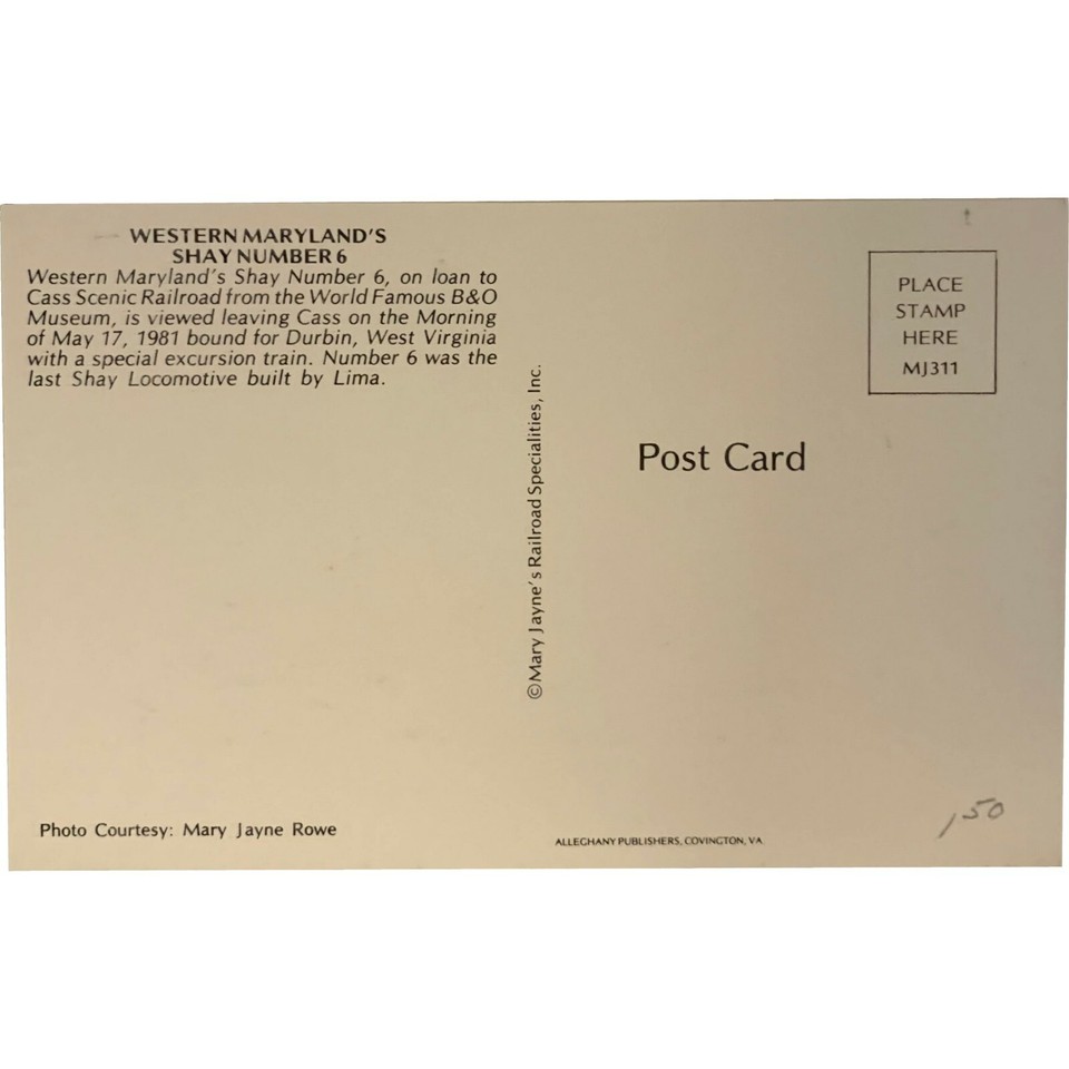 Vintage Postcard, Western Maryland's Shay Number 6, last build by Lima ...