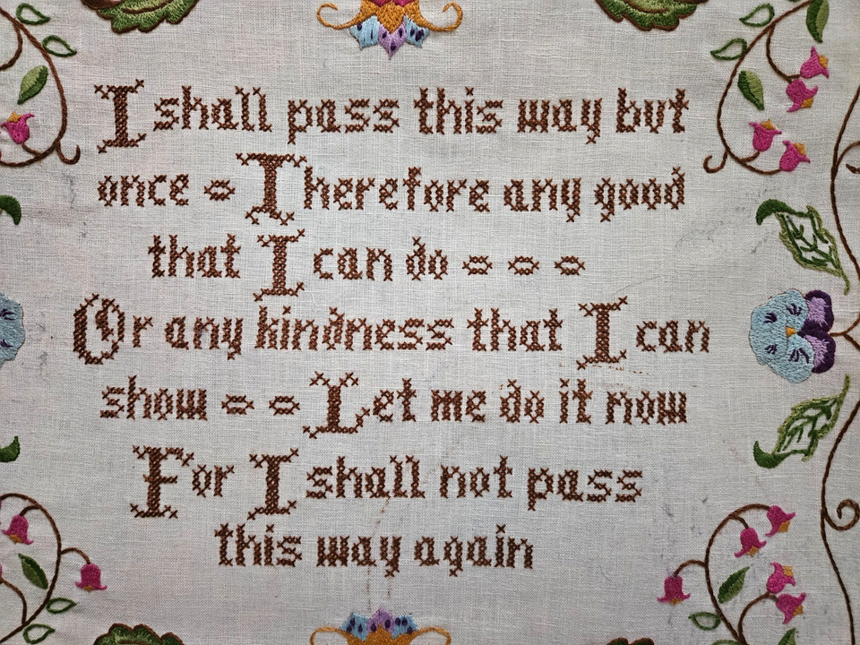 Vintage Linen Cross Stitch & Embroidered Completed "But Once" poem READ ...