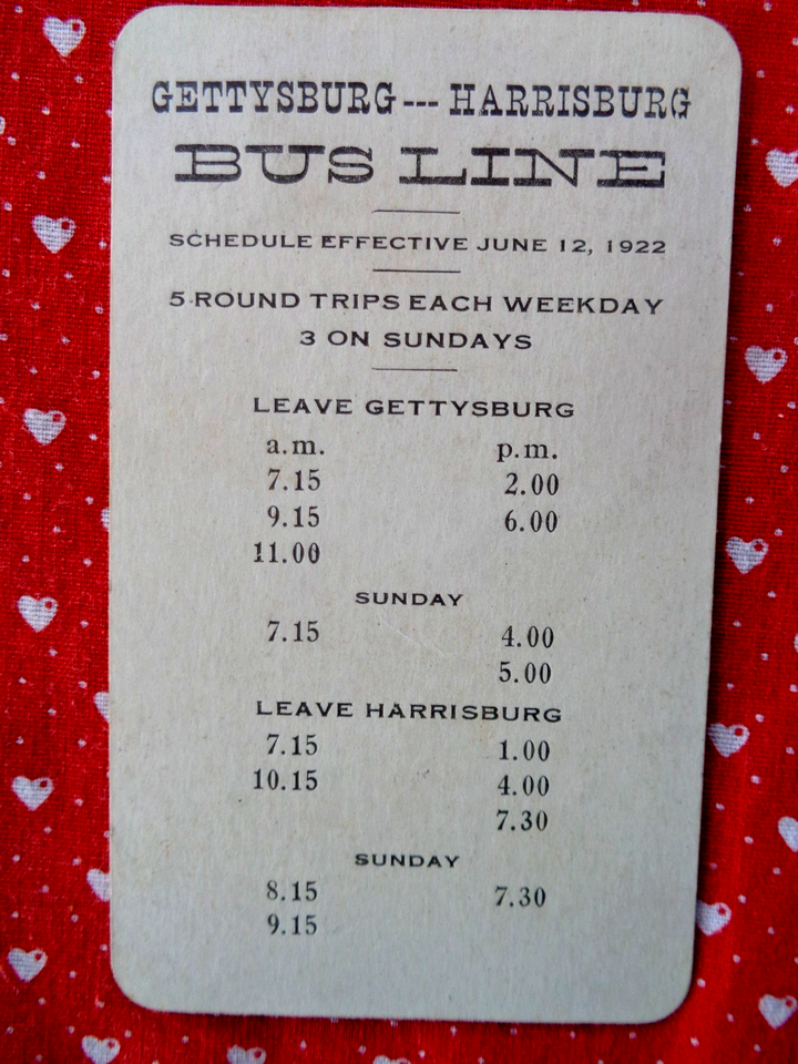 GETTYSBURG -HARRISBURG, PA BUS LINE 1922 SCHEDULE POCKET CARD ALSO ...
