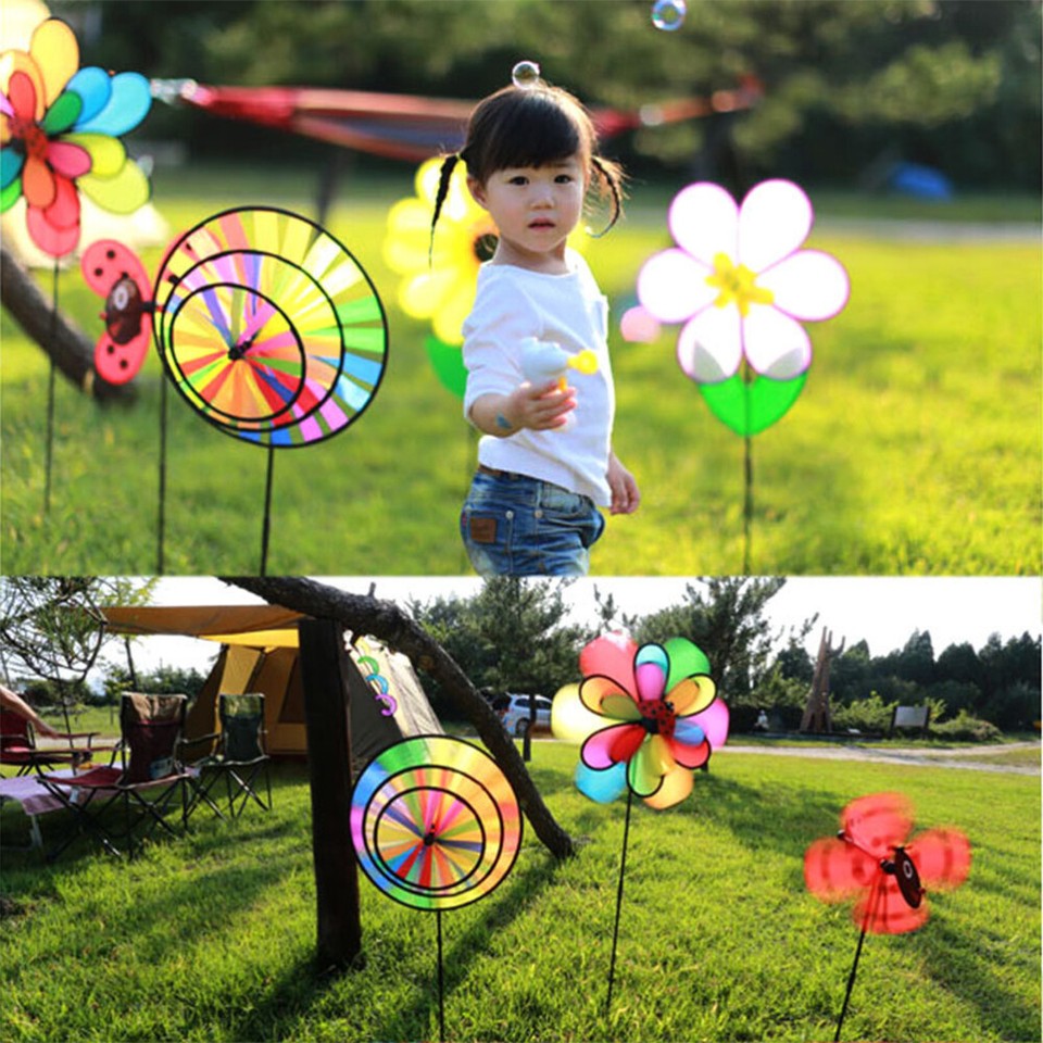 triple wheel garden pinwheels Kids Windmill Rainbow Wind Spinners | eBay