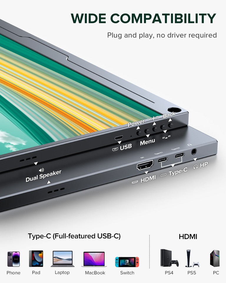 16.0" Portable Monitor 2K QHD HDMI USB C 1200:1 Display Screen for ...