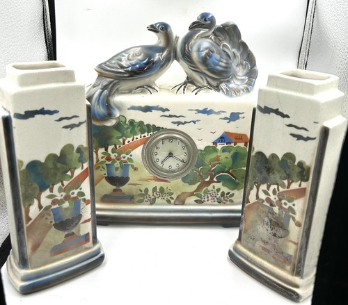 Antique Art Deco Hubert Bequet Belgium Porcelain Mantle Clock Set With ...