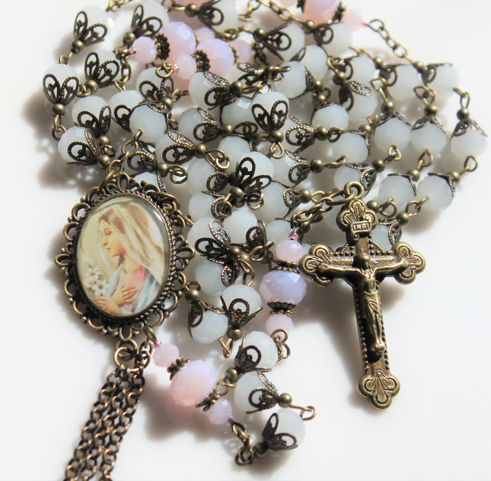 VIRGIN MARY WITH LILLIES CZECH WHITE/ PINK JADE CRYSTALS ANTIQUE BRONZE ...