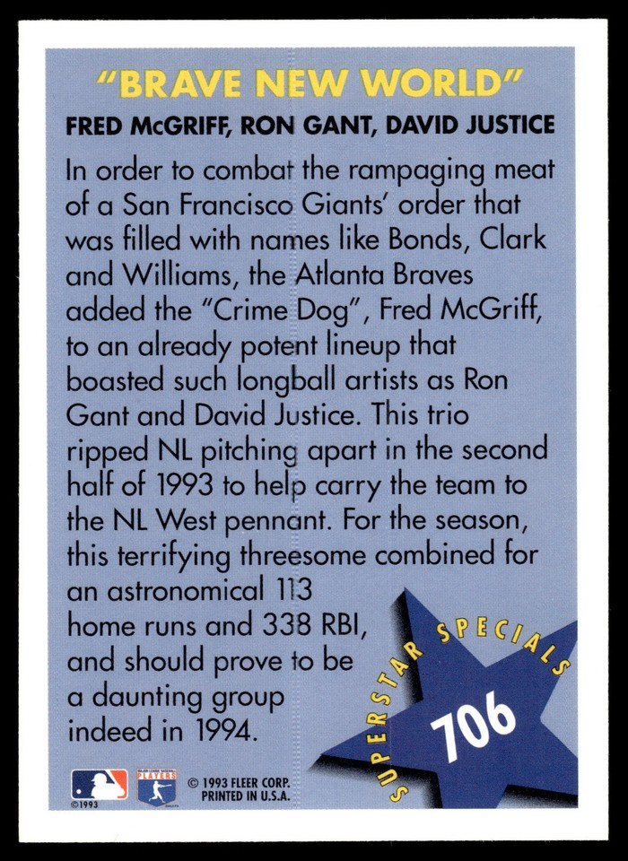 1994 Fleer Fred McGriff / Ron Gant / David Justice #706 Atlanta Braves ...