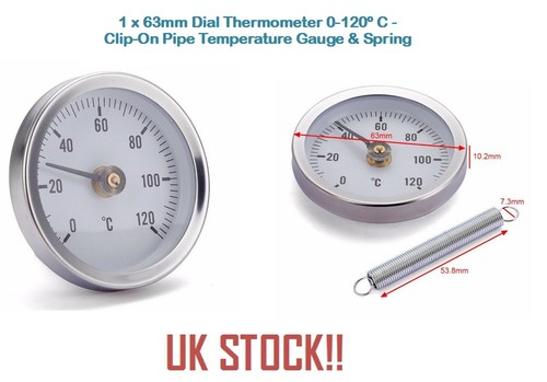 1 x 63mm Dial Thermometer 0-120º C - Clip-On Pipe Temperature Gauge ...