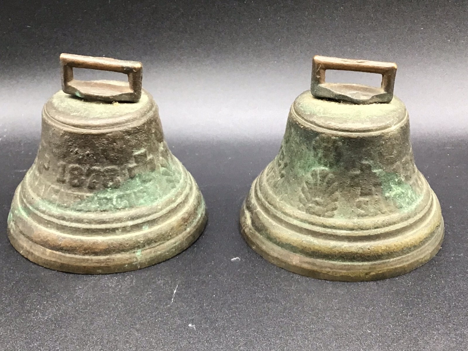 pair of Antique Brass Swiss Cow Goat Bells 1878 Chiantel Fondeur 3 1/2 ...