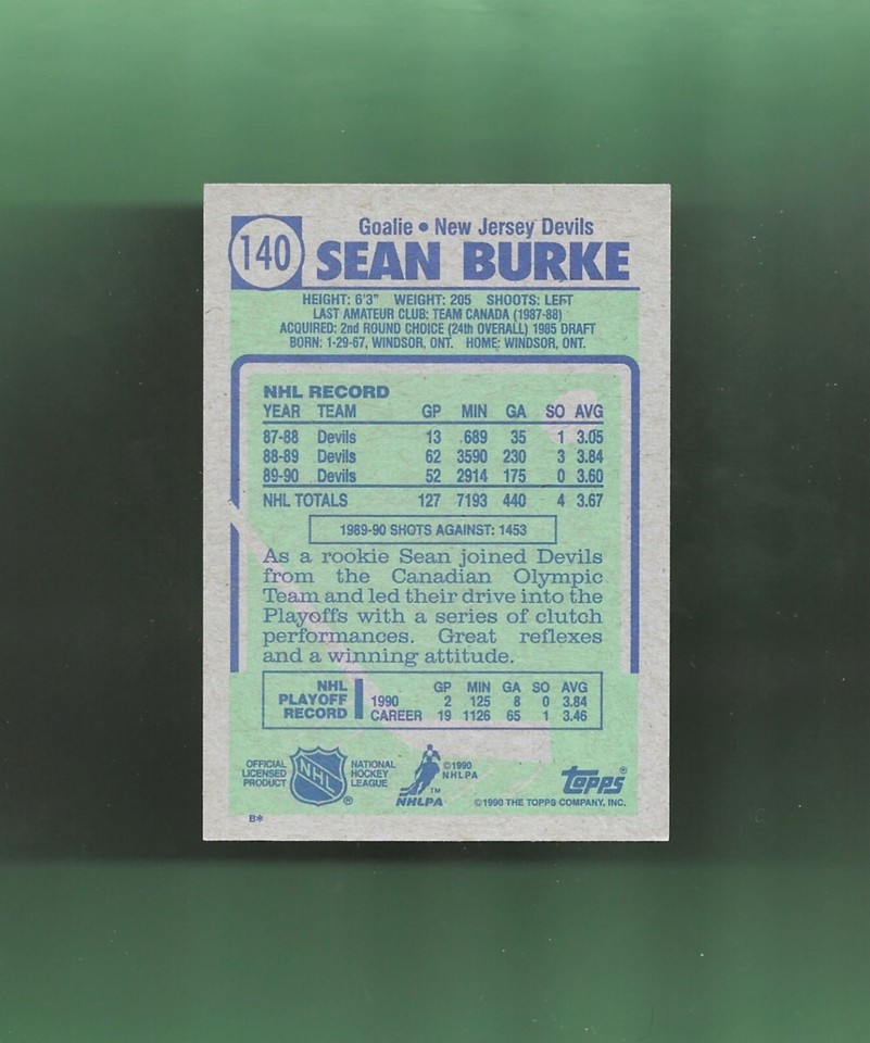 1990-91 Topps Card # 140 SEAN BURKE NEW JERSEY DEVILS SHARP! | eBay