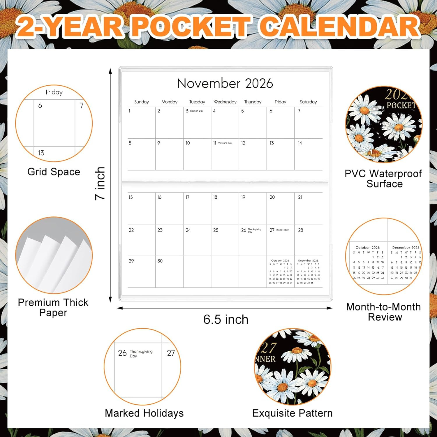 7" x 6.5" 2026-2027 Pocket Calendar for Purse Small Monthly Planner ...