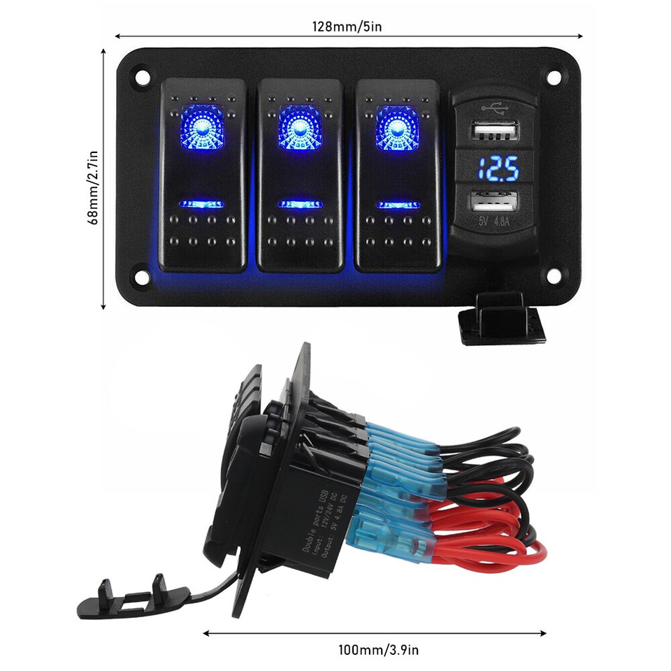 3Gang Dual USB Switch Panel Car Marine Boat Waterproof LED Power Socket ...
