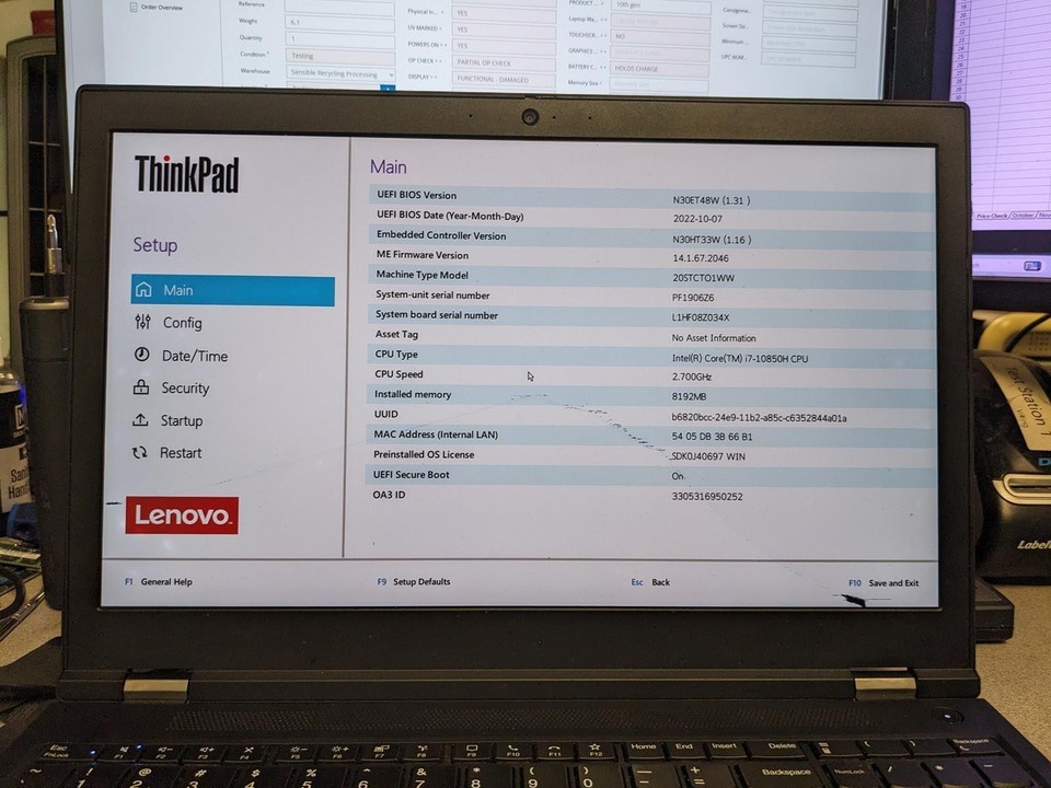 LENOVO THINKPAD P15 GEN 1 i7-10850H @ 2.7GHz, 8GB RAM, NO HDD/OS - (FOR ...