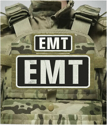 EMT EMB PATCH 4X10 & 2X5 HOOK ON BACK WHITE ON BLACK | eBay