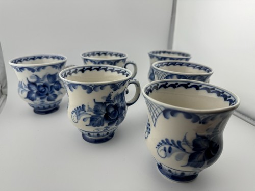 GZHEL Set of 6 Tea Cups Hand Painted White and Blue Artist Signed | eBay