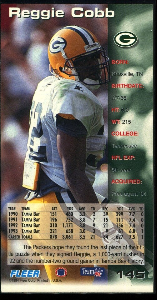 1994 Fleer Tall Boy Reggie Cobb #145 Green Bay Packers B | eBay