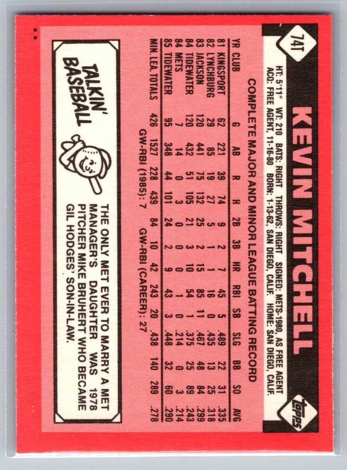 1986 Topps Traded Baseball #74T Kevin Mitchell New York Mets XRC | eBay