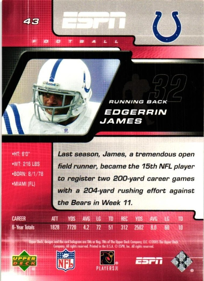 2005 UPPER DECK ESPN EDGERRIN JAMES FOOTBALL CARD #43 $0.99 VALUE BOX ...
