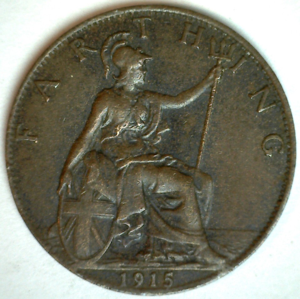 1915 Great Britain Bronze Farthing Coin Extra Fine Circulated George V ...