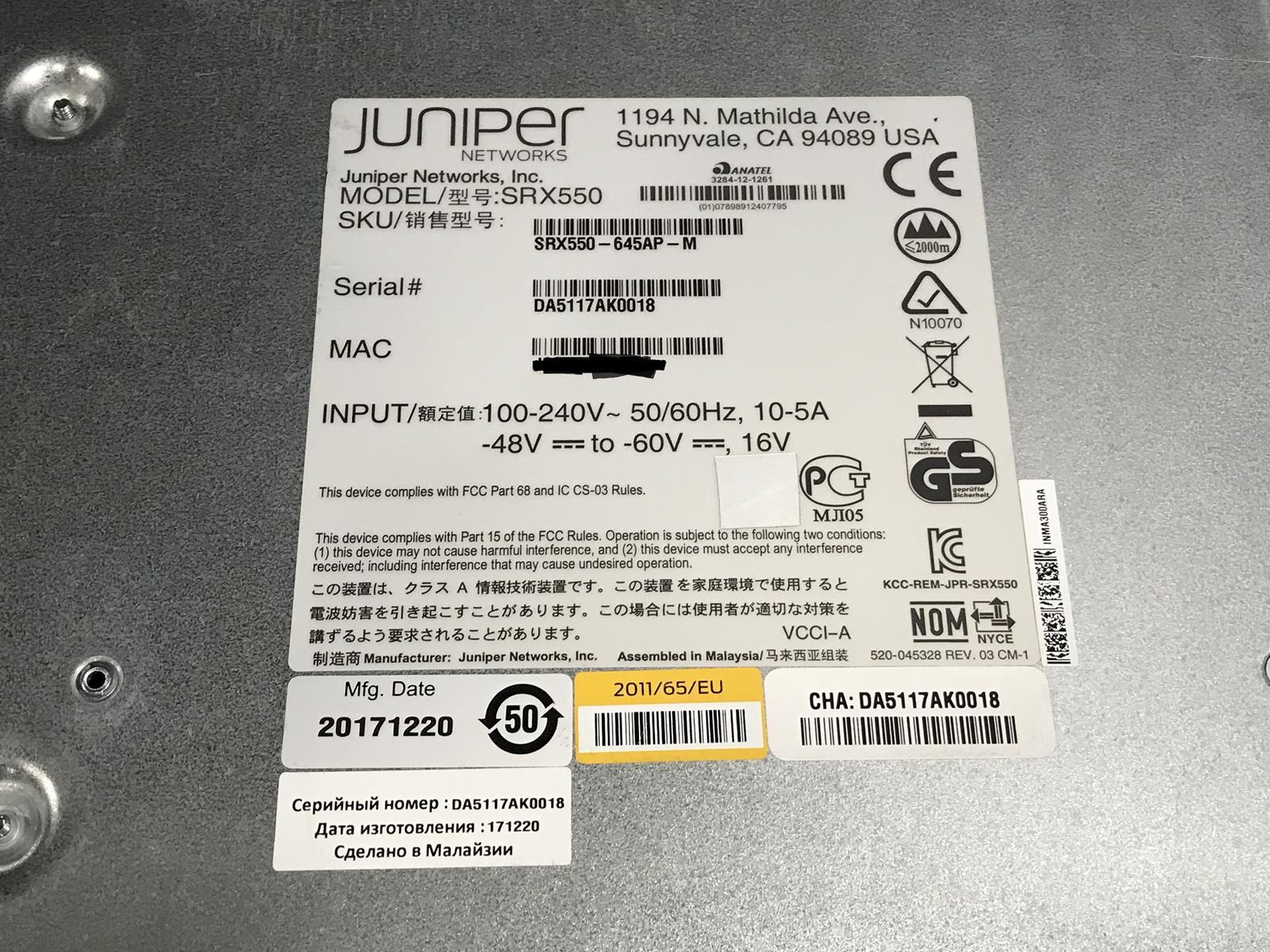 Juniper SRX550-645AP-M SRX550 Services Gateway High Memory 2x AC 16GigE ...