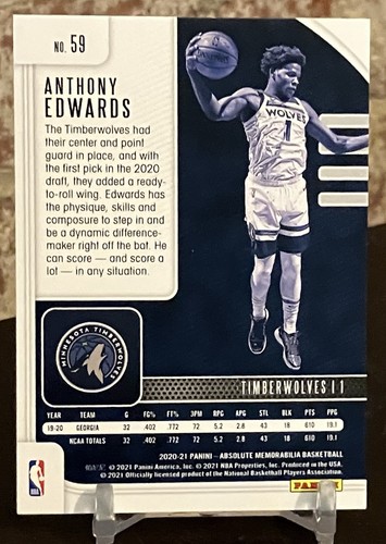 2021 Panini Absolute Memorabilia Anthony Edwards RC #59 Minnesota ...