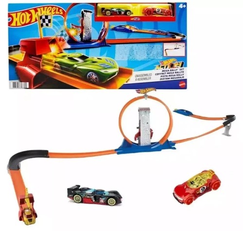 🔥 Hot Wheels Mega Rally Track Set Looping Rennbahn +2x Fahrzeuge ...