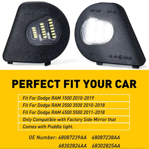 White LED Side Under Mirror Puddle Light For Dodge RAM 1500 2500 3500 ...