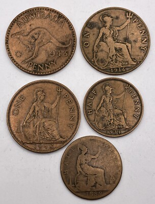 Great Britain & Australia Old Large One Penny + Half Penny Lot of 5 ...