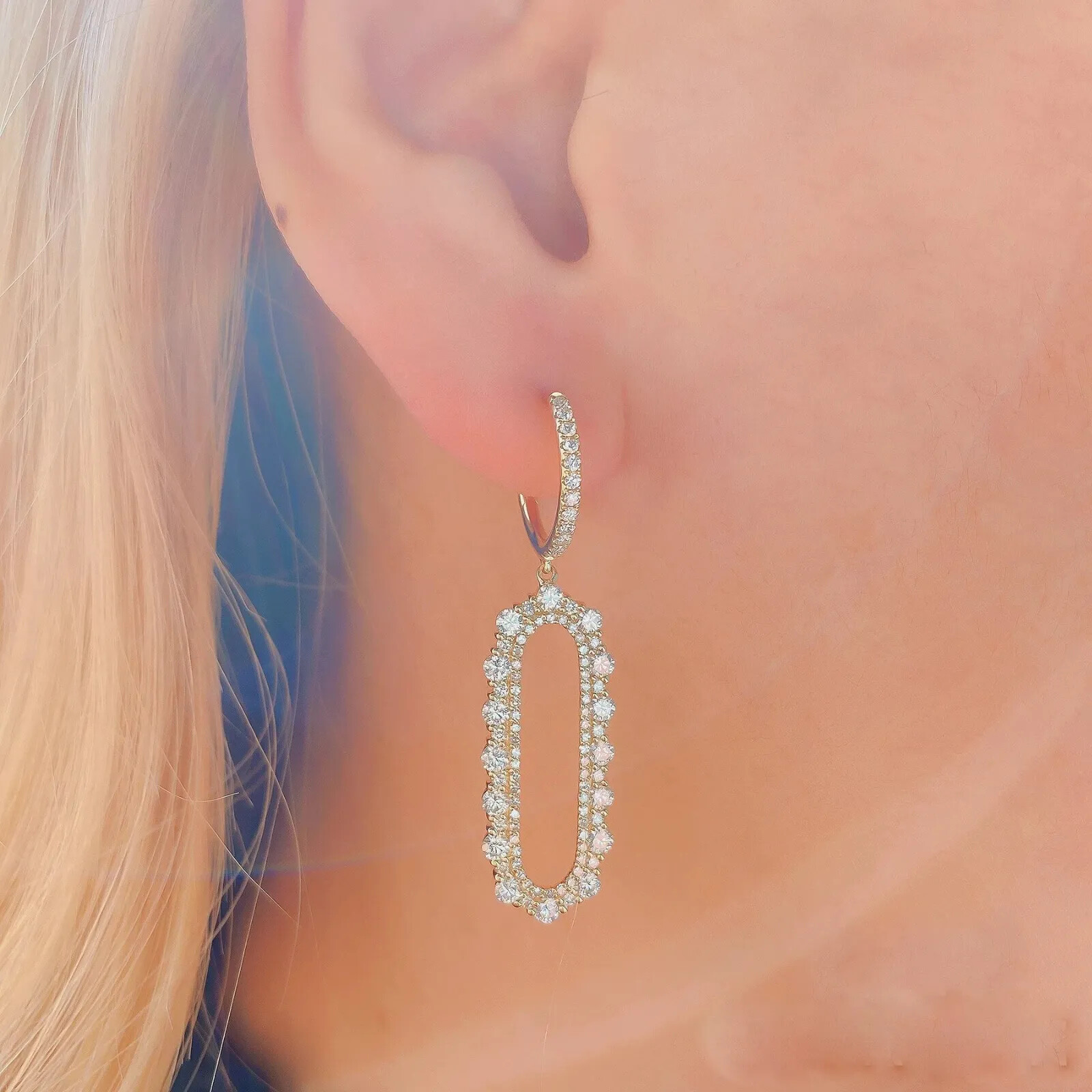 Diamond Earrings Oblong Oval Rectangle Elongated 14K Rose Gold Drop Dangle | eBay