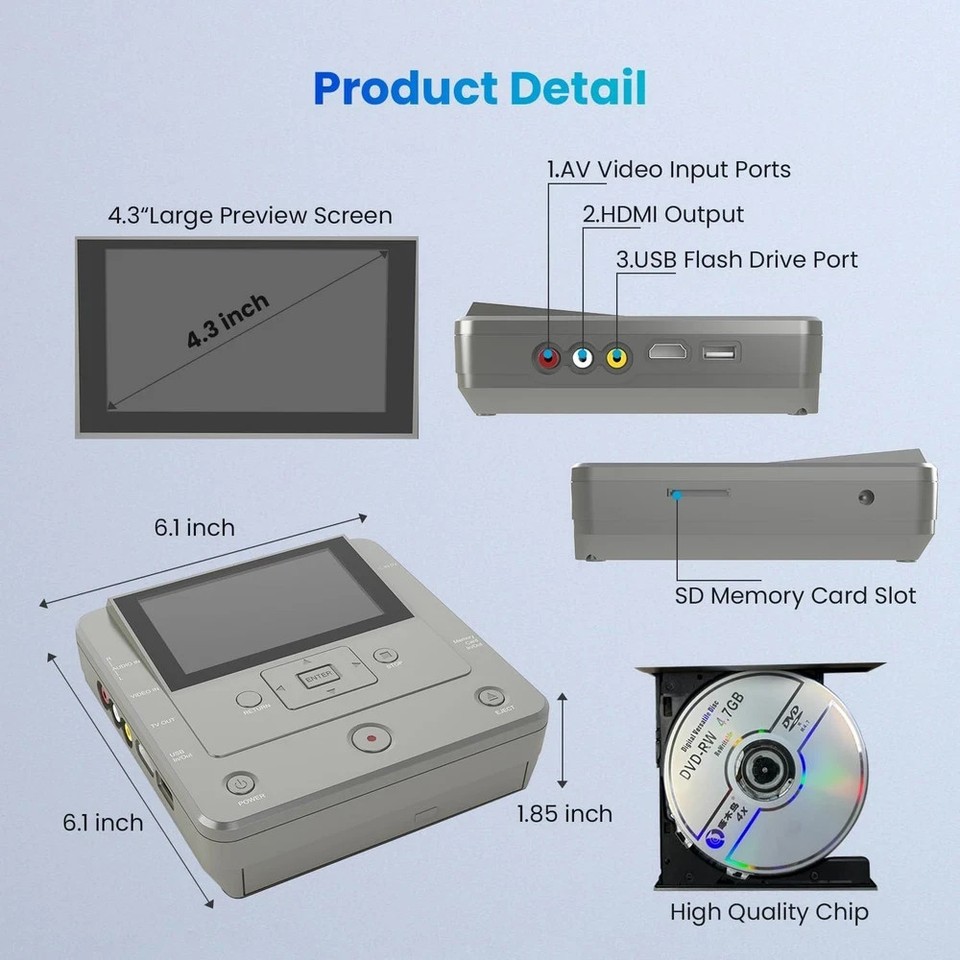 VHS to DVD Recorder, TV to USB Device or SD Card or HDD Recorder, Smart ...